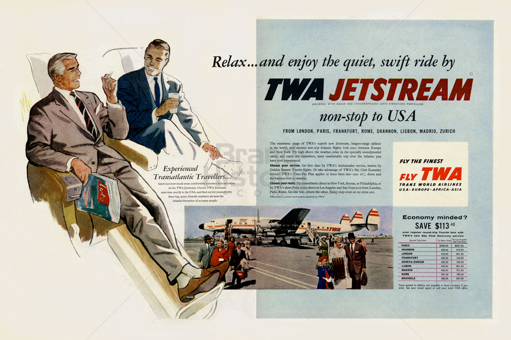 TWA TRANS WORLD AIRLINES - Relax . . . and enjoy the quiet, swift ride ...